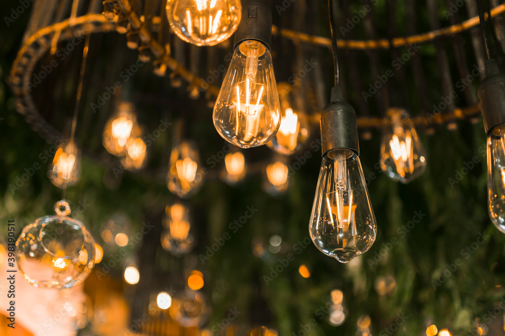 Beautiful warm incandescent led string light used as part of ceiling ...