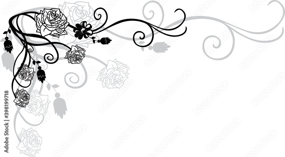 corner drawing with roses and buds.Flower pattern with shadow Stock ...