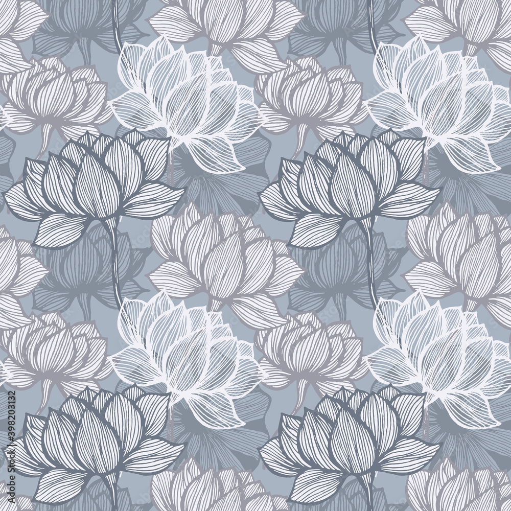 Flower line art. Vector floral background. Blue and grey art deco ...