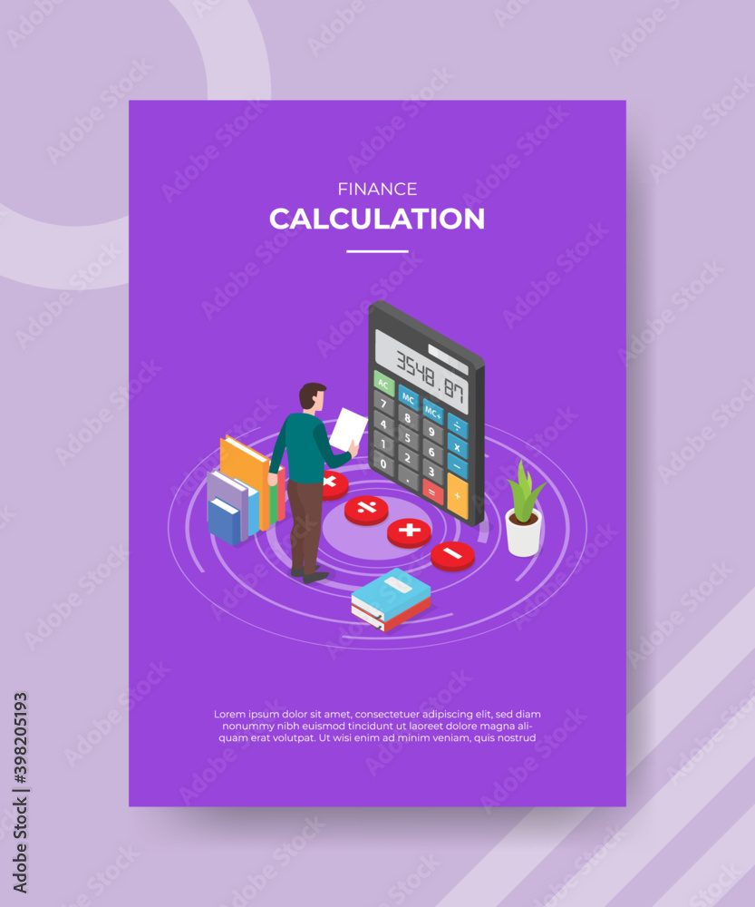 finance calculation men standing hold paper front big calculator stack ...