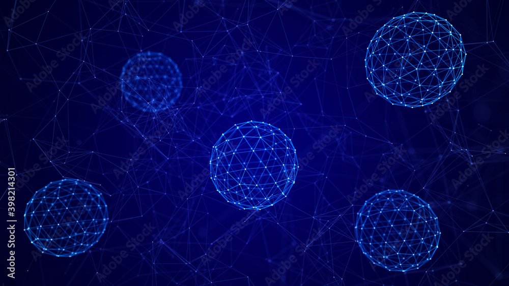 Molecules, cells or virus. Network of bright connected spheres. Neuron ...