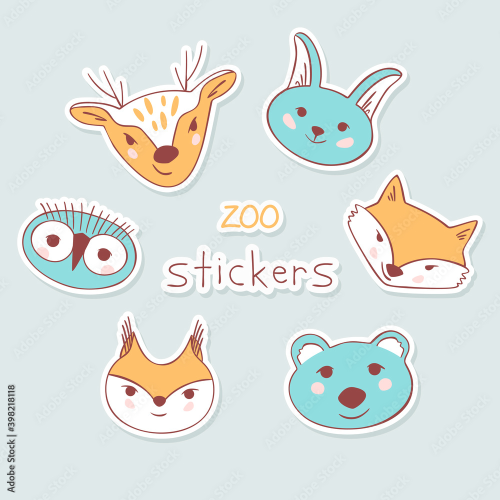 Simple animal portraits stickers - bear, squirrel, hare, fox, owl, deer ...