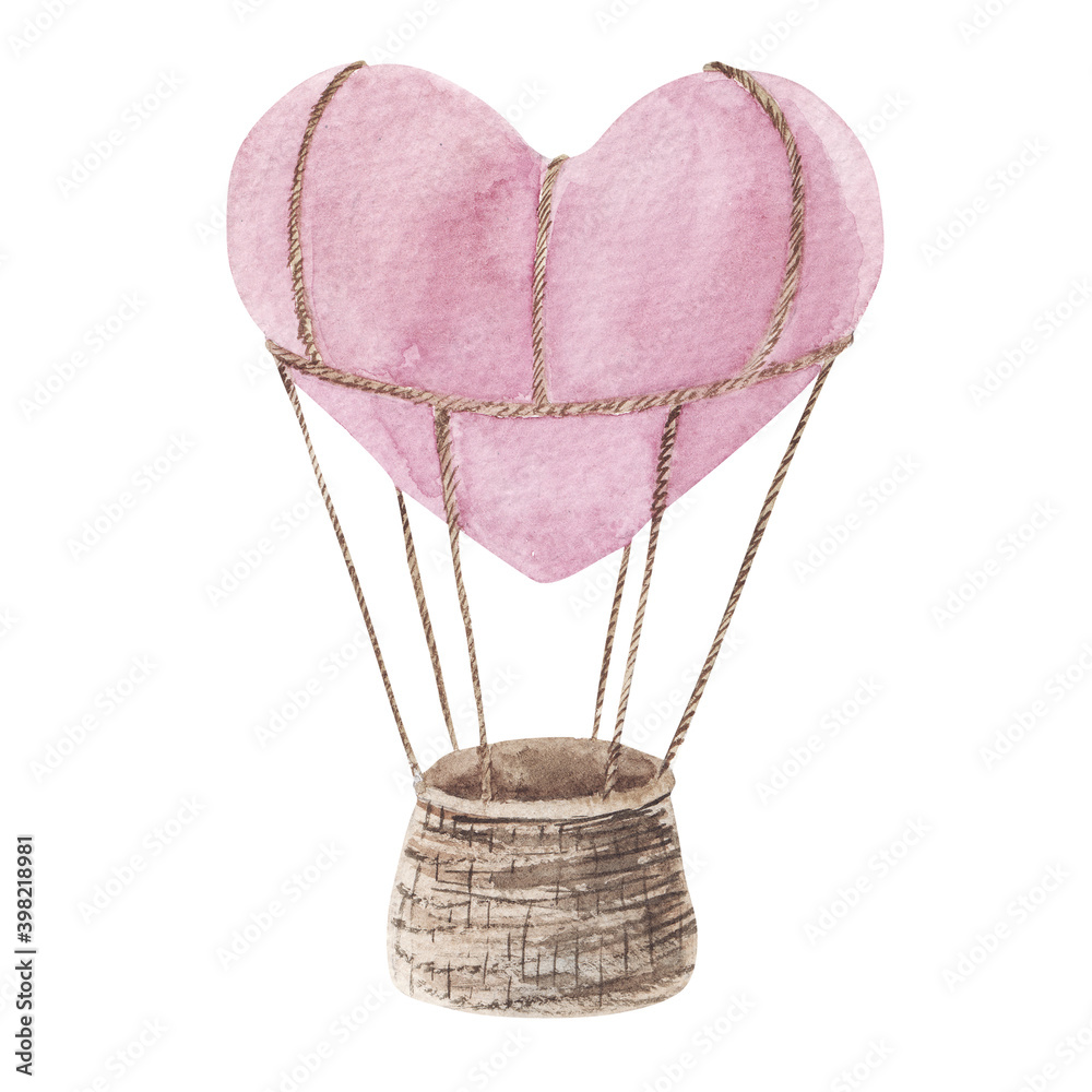 Hot air balloon Heart shape. Fly air transport illustration. Hand drawn ...