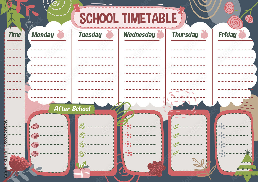 School timetable for week in English. Planning list. Printable diary ...