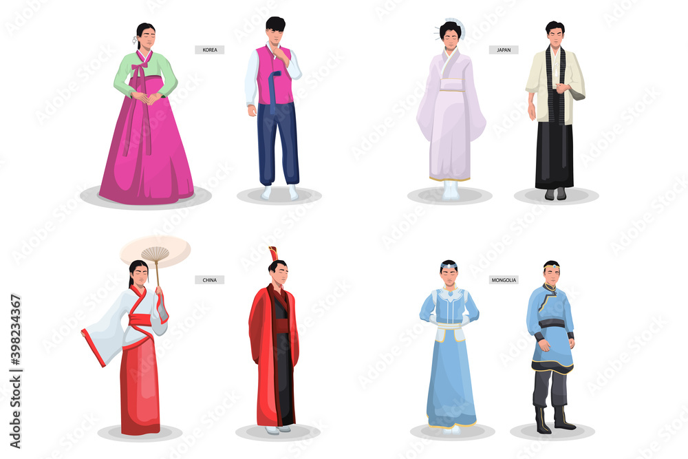 Asian traditional costumes set. Ancient female kimonos, male clothes ...