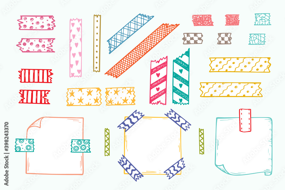 Colorful Strips of Masking Tape and Note Paper Set. Hand Drawn Doodle ...
