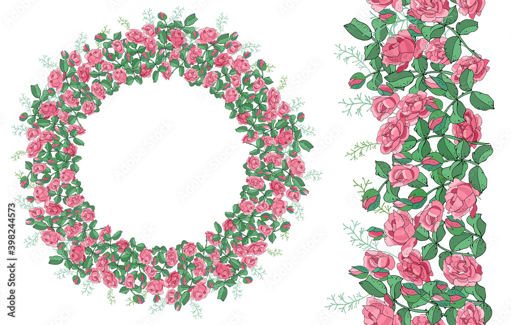 Round template and seamless border with pink roses and leaves isolated ...