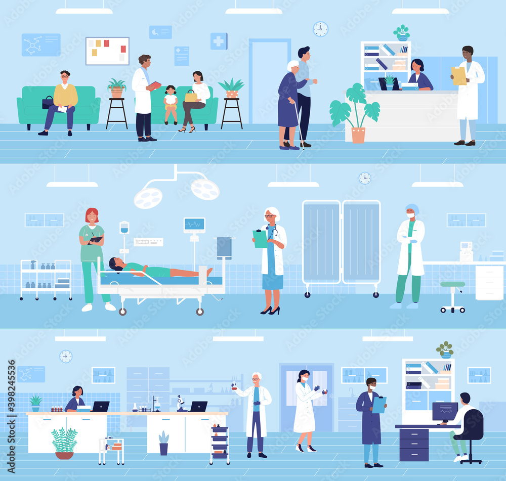 Hospital clinic office departments interior vector illustration set ...