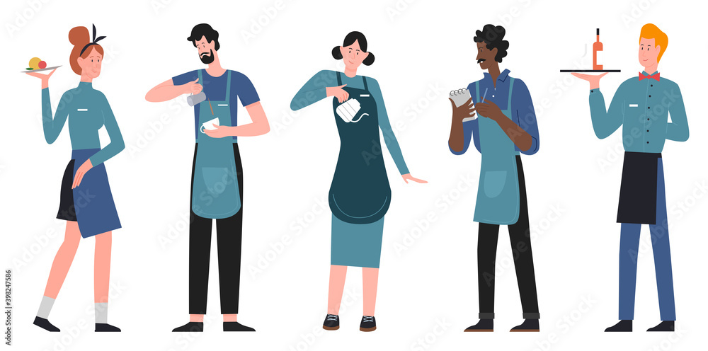 People waiter and waitress vector illustration set. Cartoon restaurant ...