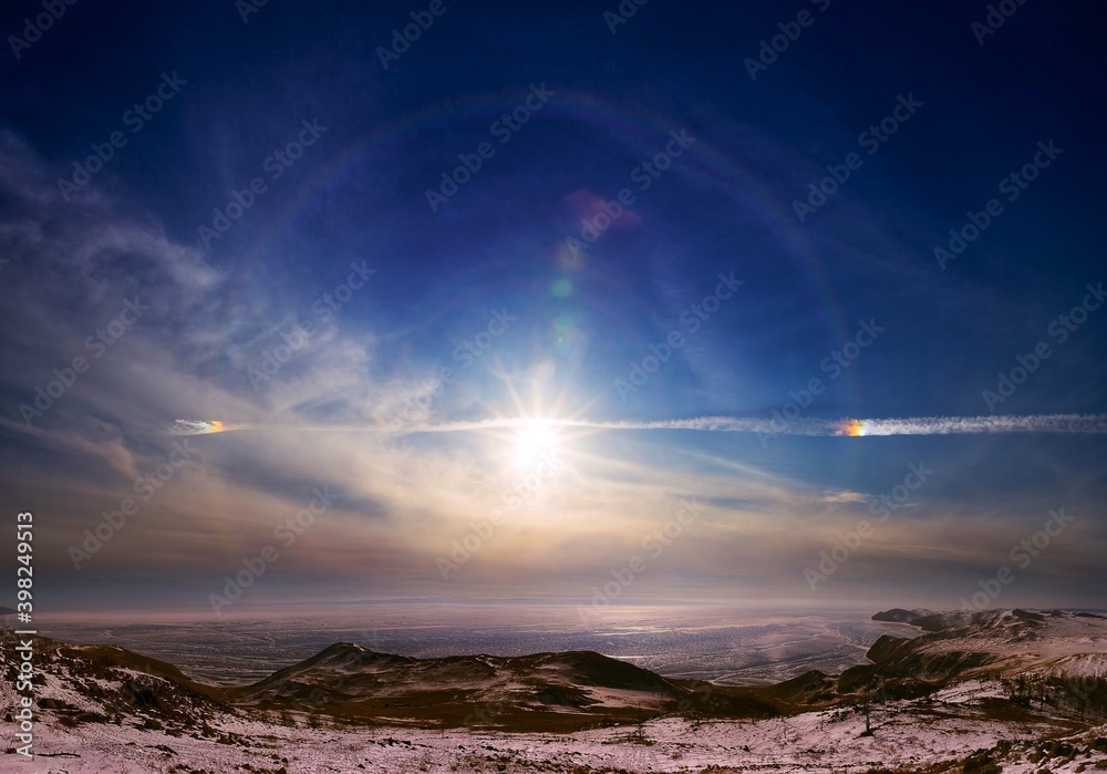 Beautiful fantastic sun halo phenomenon in sky, Miraculous sun with ...