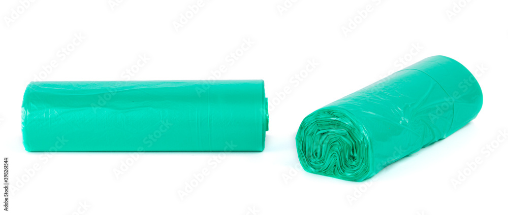 Green roll of plastic garbage bags isolated on white background Stock ...
