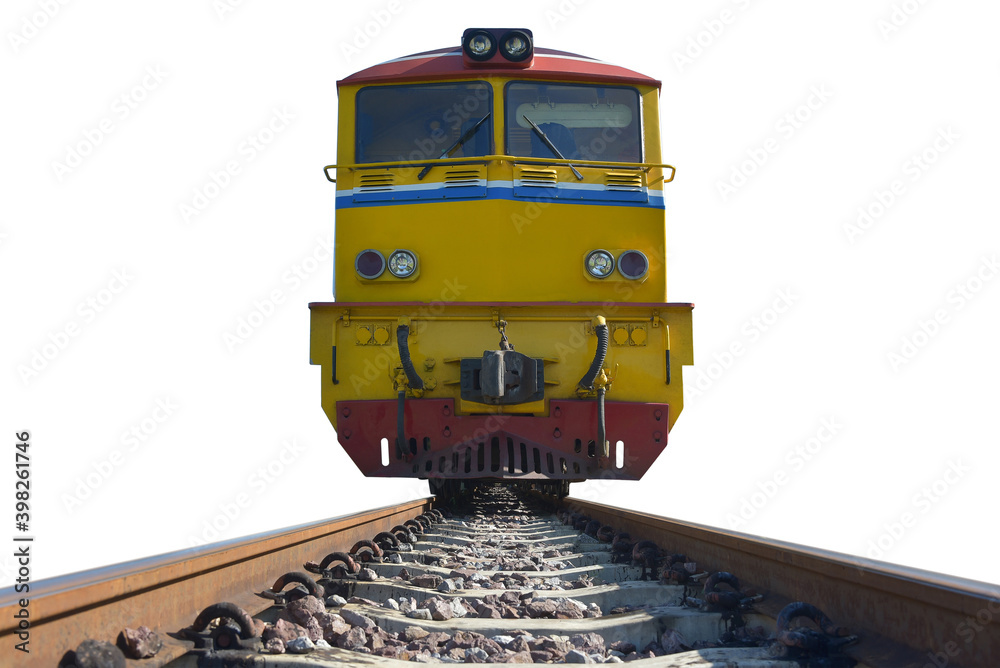 Low angle shot front of Train head yellow or locomotive on the tracks ...