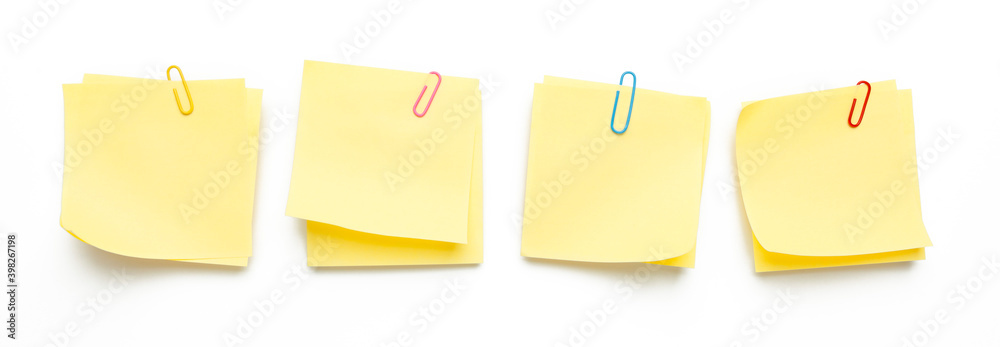 Paper yellow message stickers for information board isolated on white ...