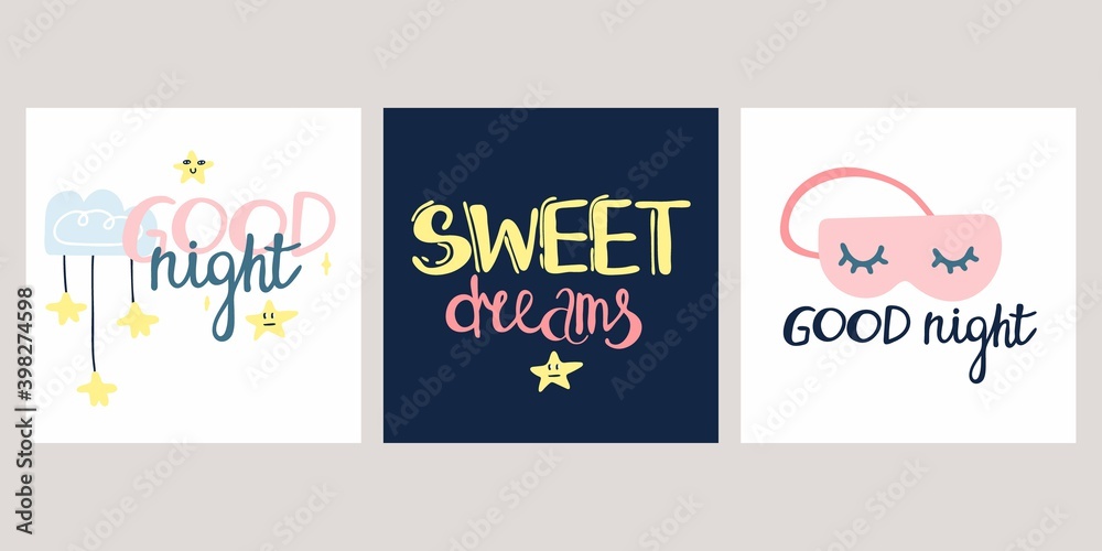 Night posters collection. Hand drawn lettering short phrases set ...