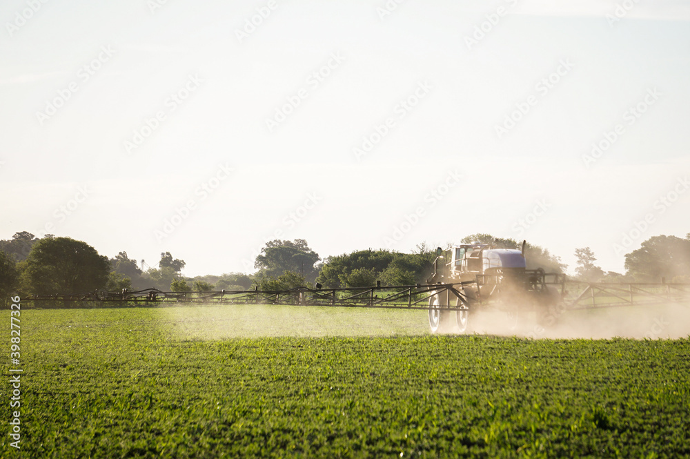 fumigadora, fumigando un campo de soja erde con un abundante cielo y ...