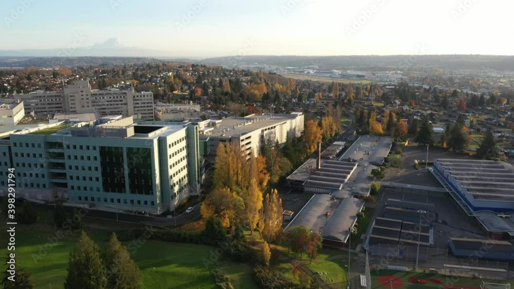 Drone tracking footage of South Seattle VA Hospital, downtown Seattle, Boeing Field airport ...