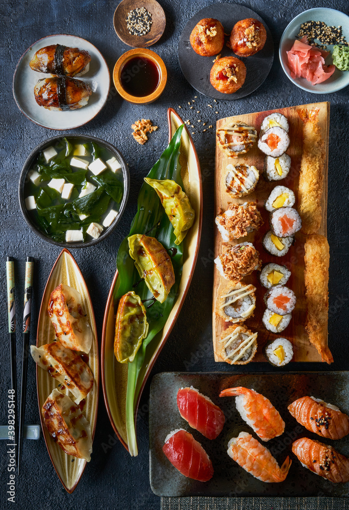 Set of Japanese sushi background hosomaki, uramaki, chinese dumpling ...
