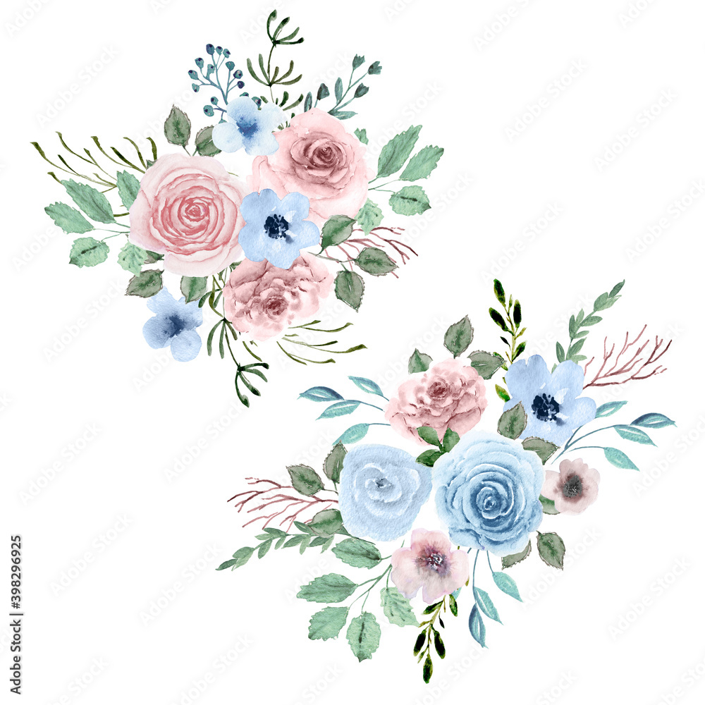 watercolor set of bouquets. Dusty pink, dusty blue pastel floral ...