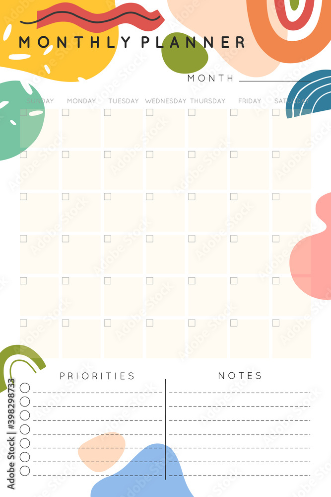 Vector monthly planner template with abstract hand drawn organic shapes ...