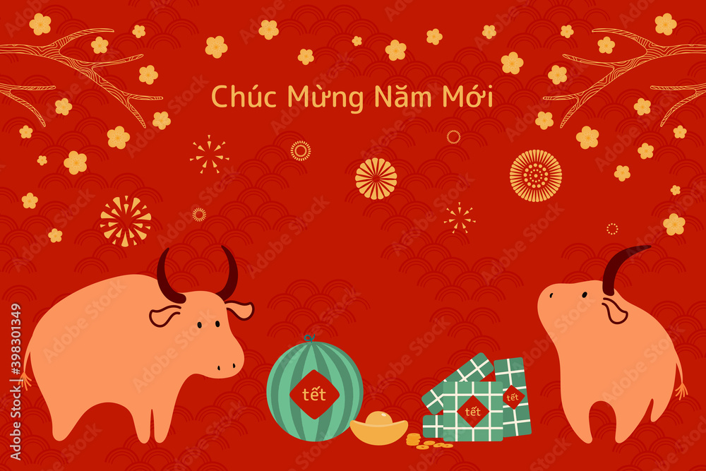 2021 Vietnamese New Year Tet illustration, cute buffalo, rice cakes ...