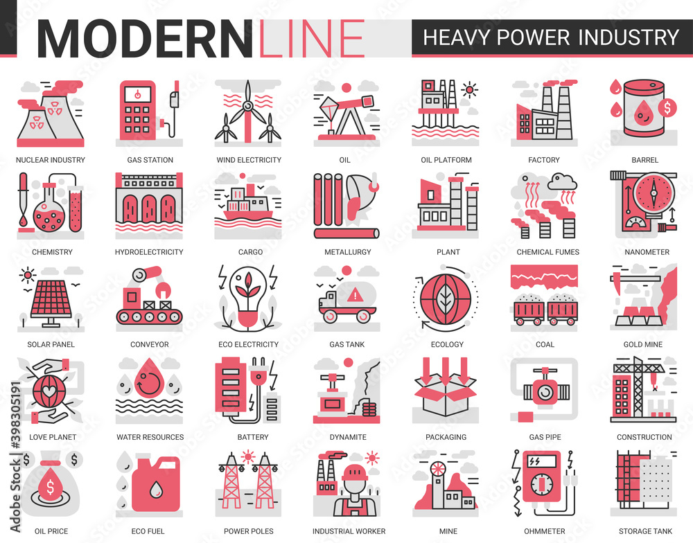 Heavy power industry complex concept flat line line icon vector set ...