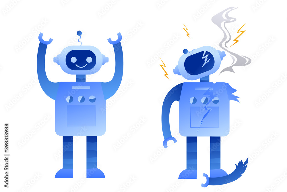 Cute blue faulty robot with broken display on a white background ...