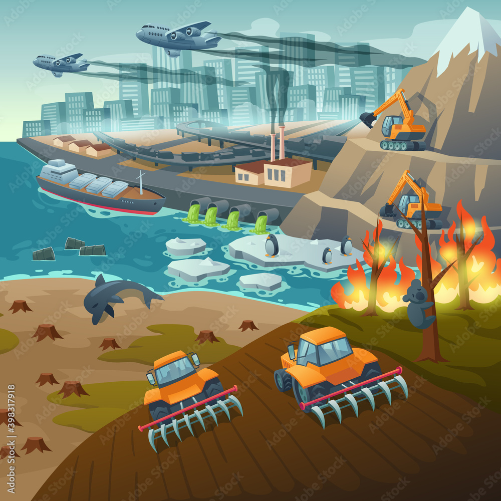 Ecology problems concept, water and air pollution, bushfire and global ...