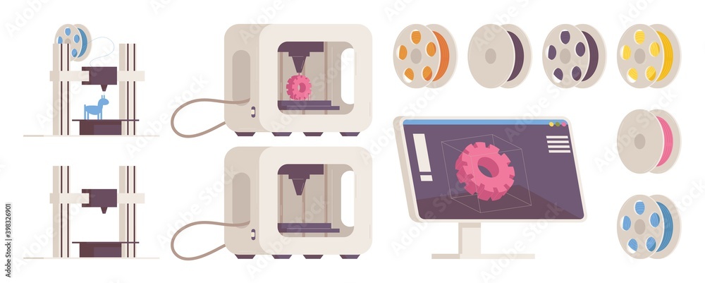 Vector collection for 3d print. Printers and display with gear ...
