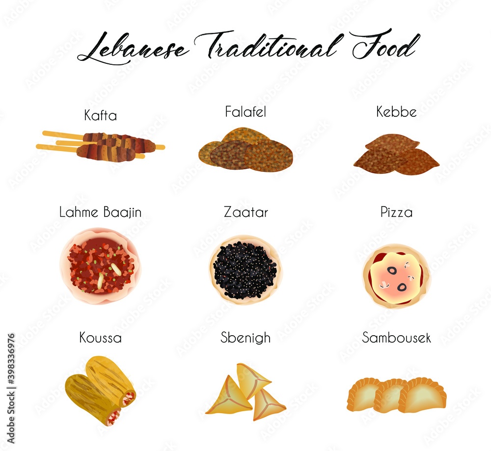 Set of Lebanese Arabic Traditional Food - Middle Eastern - Illustration ...