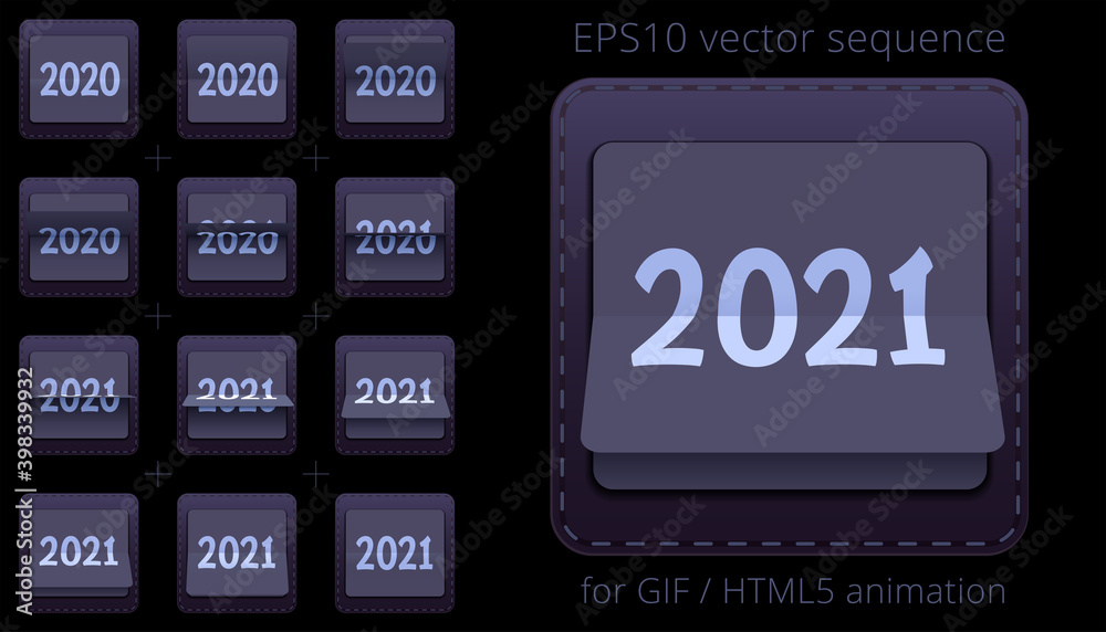 Animated flip calendar from 2020 to 2021. Black and silver date flipper ...