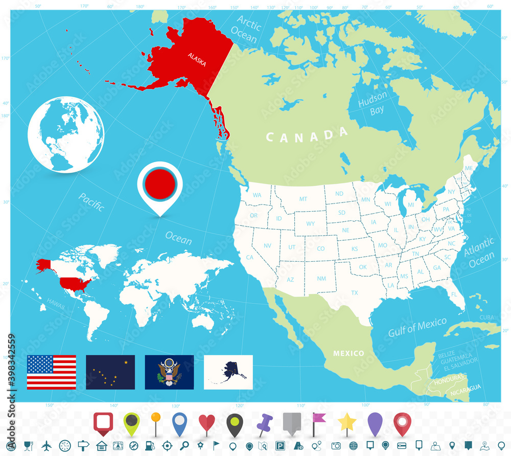 Location of Alaska on USA map with flags and map icons Stock ベクター ...