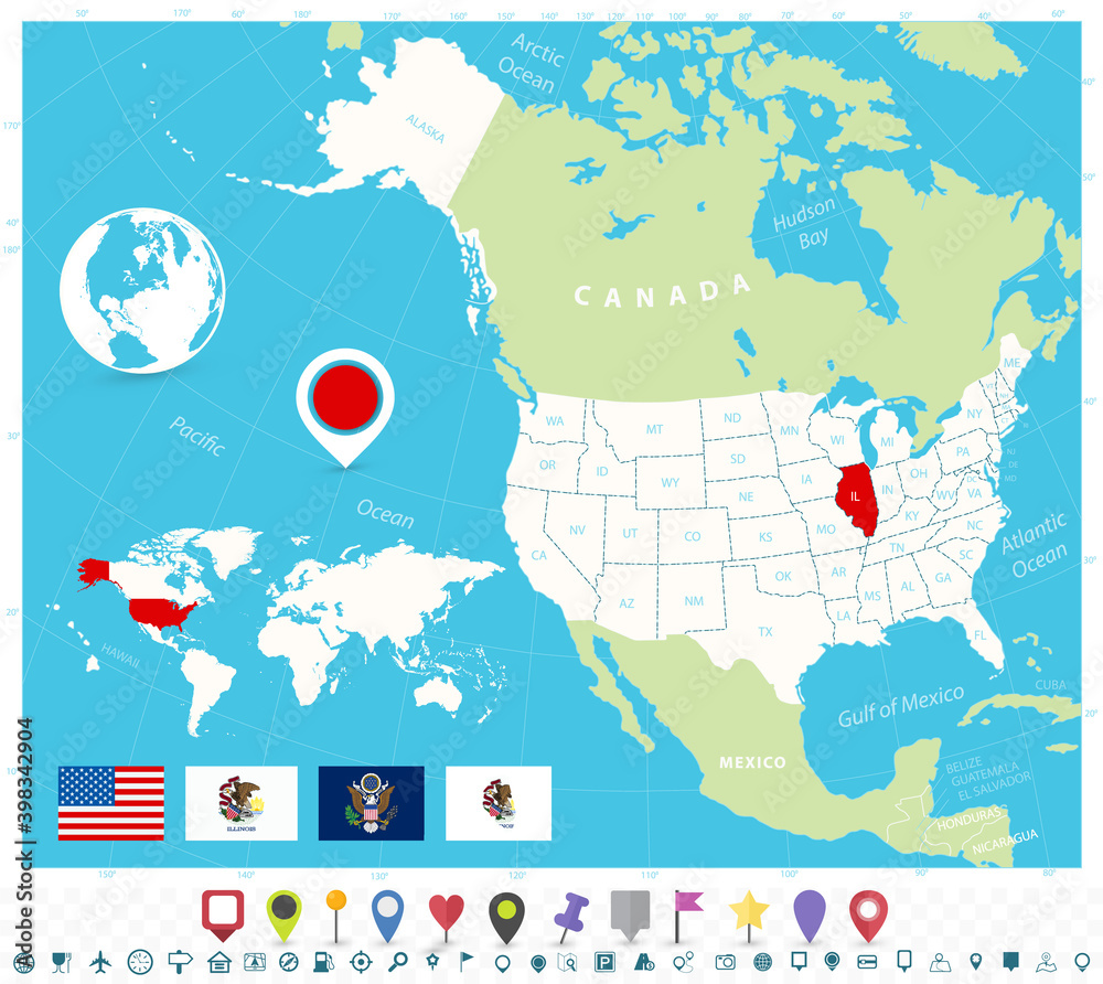 Location of Illinois on USA map with flags and map icons Stock Vector ...