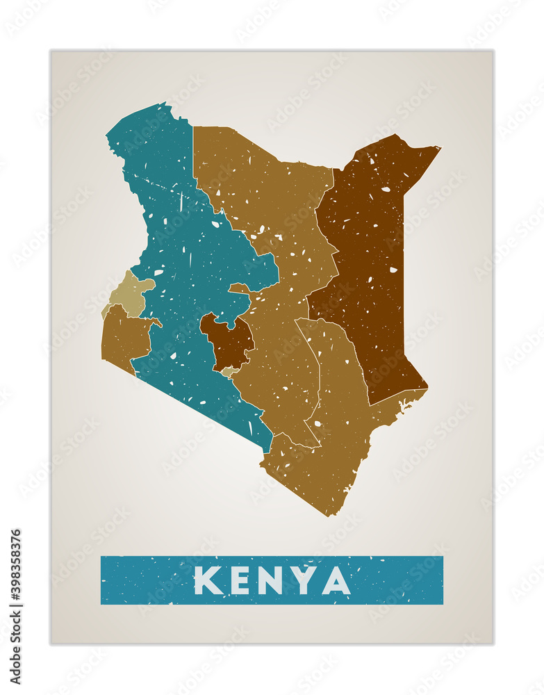 Kenya map. Country poster with regions. Old grunge texture. Shape of ...