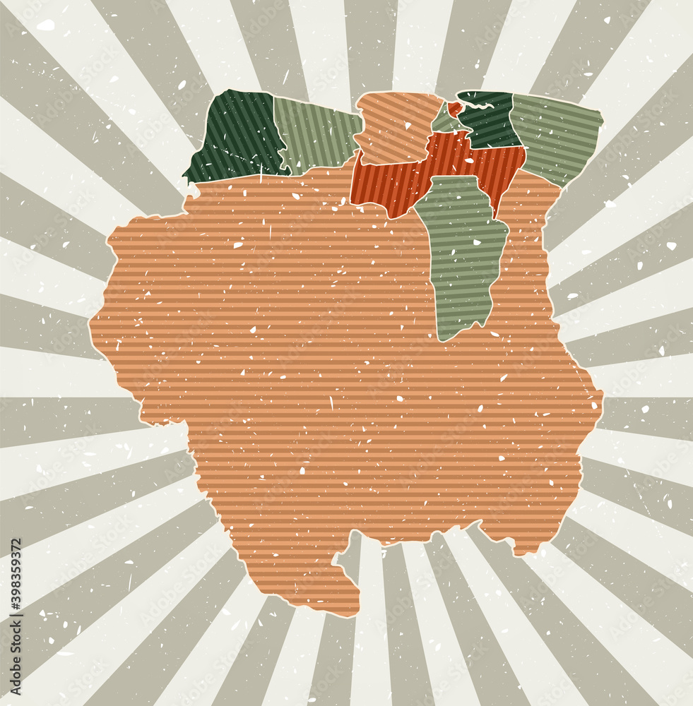 Suriname vintage map. Grunge poster with map of the country in retro ...