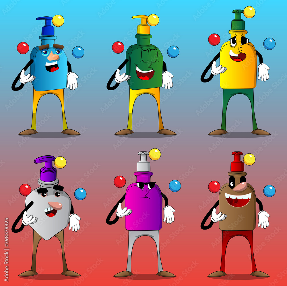 Cartoon bottle of hand sanitizer gel for hygiene with face is a juggler ...
