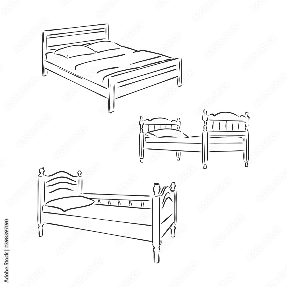 bed vector sketch illustration. Black outline vector Bed on white ...