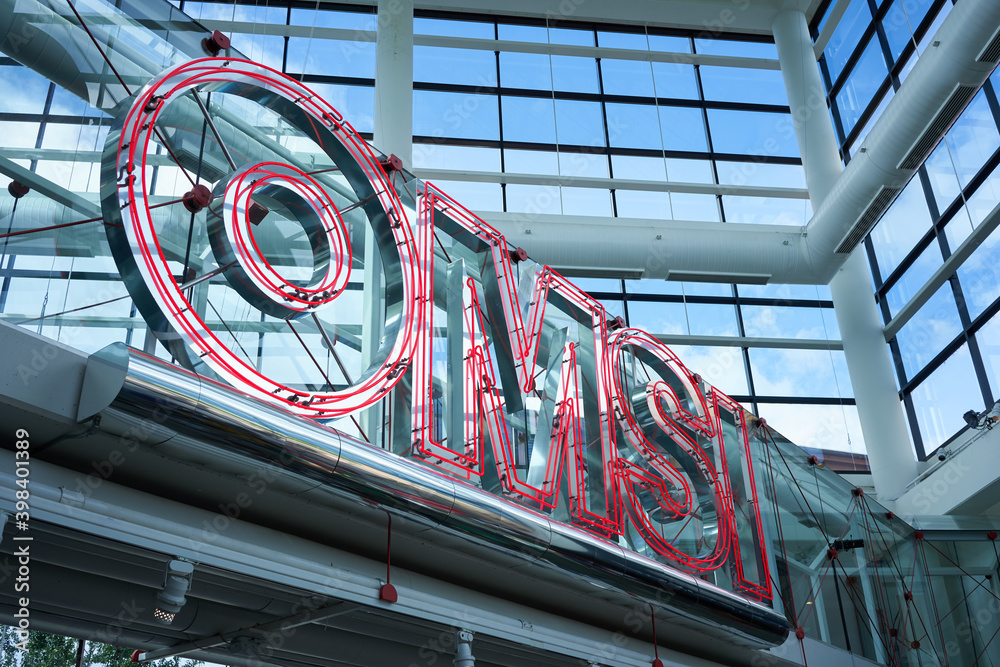 Portland, Oregon, USA - Sep 8, 2019: The OMSI sign at the entrance to ...