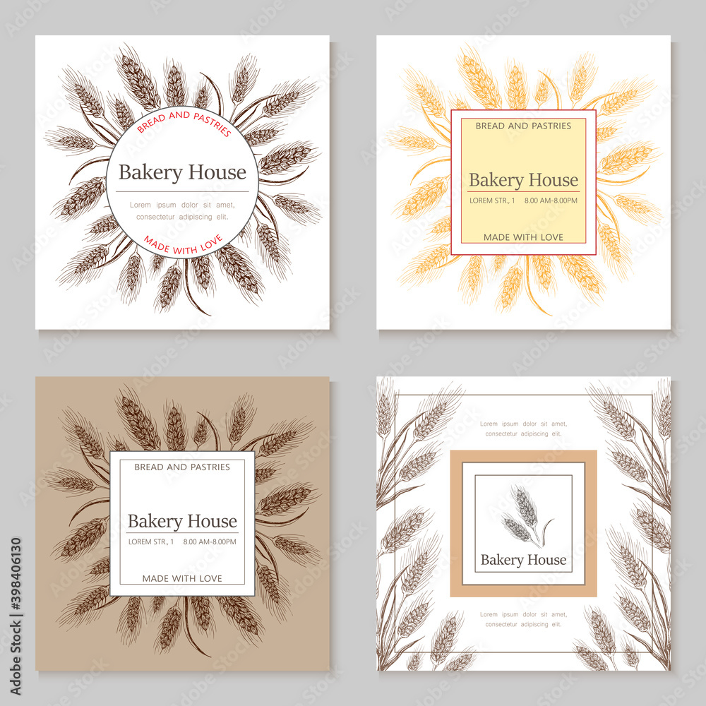 Bakery, pastry shop label, logo, flyer template or identity with wheat ...