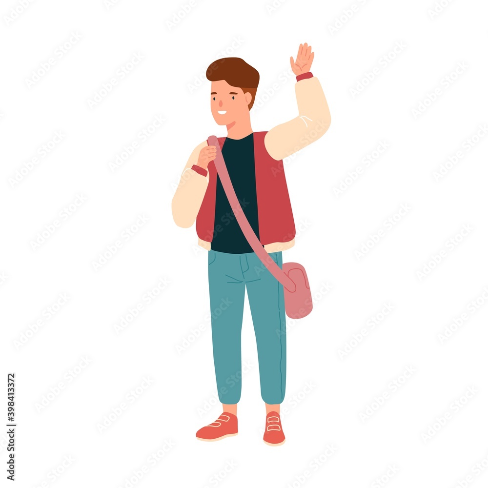 Smiling teenage student waving hand. Happy pupil with schoolbag ...