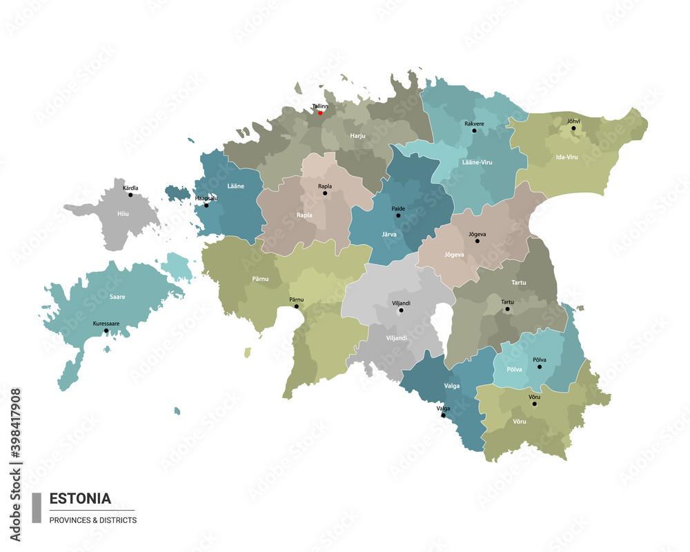 Estonia higt detailed map with subdivisions. Administrative map of ...