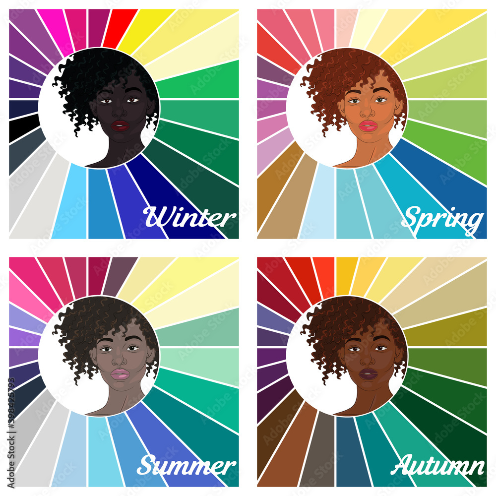 Seasonal color analysis. Set of vector black women with different types ...