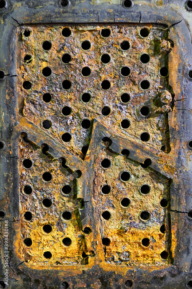 Tube sheet plate of pump three-way heat exchanger or boiler closeup ...