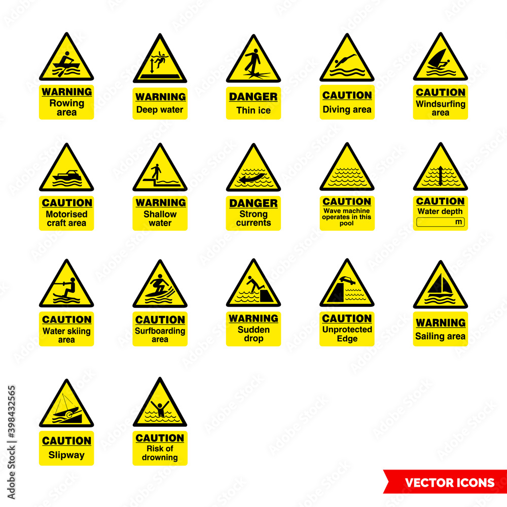 Water safety hazard signs icon set of color types. Isolated vector sign ...