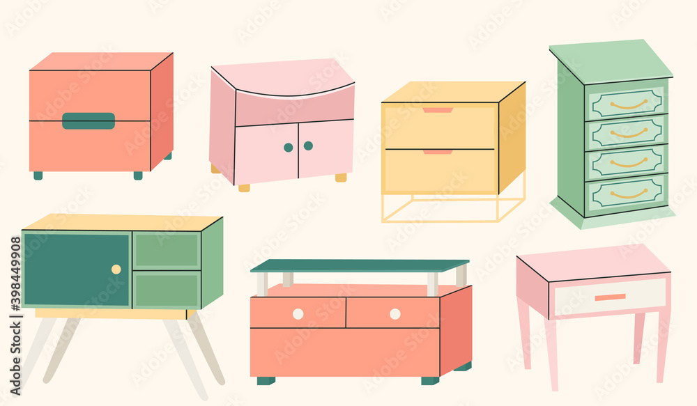 vector set of flat bedside table,modern commode,tv stand,cozy interior ...