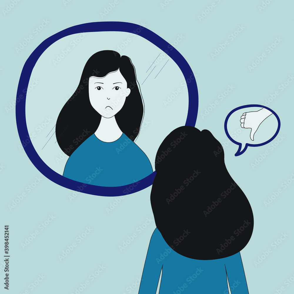 Sad young woman looking in mirror. Concept of sadness, loneliness, low ...