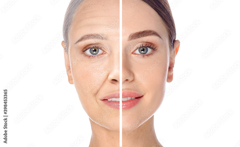 Skin aging concept, portrait. Before and after, young and old face ...