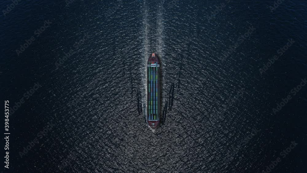 Cargo ship with containers Sailing at night with The moon light- Aerial ...
