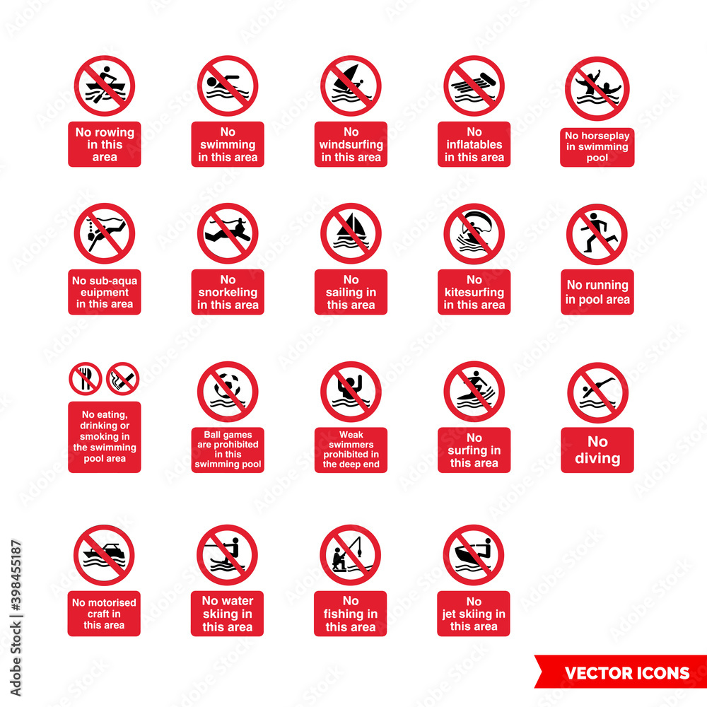 Water safety prohibitory signs icon set of color types. Isolated vector ...