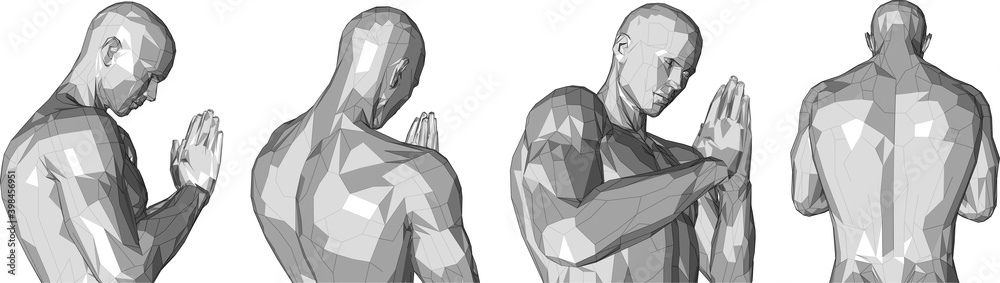 Prayer. Namaste. Vector set of man with folded palms and bowed head ...