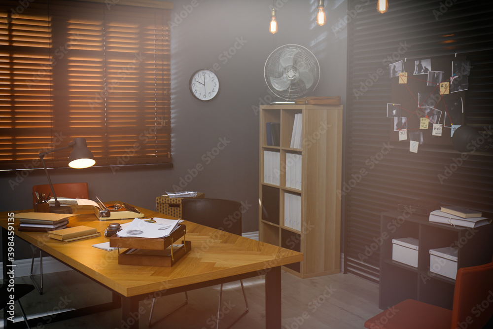 Detective office interior with evidence board on wall Stock Photo ...